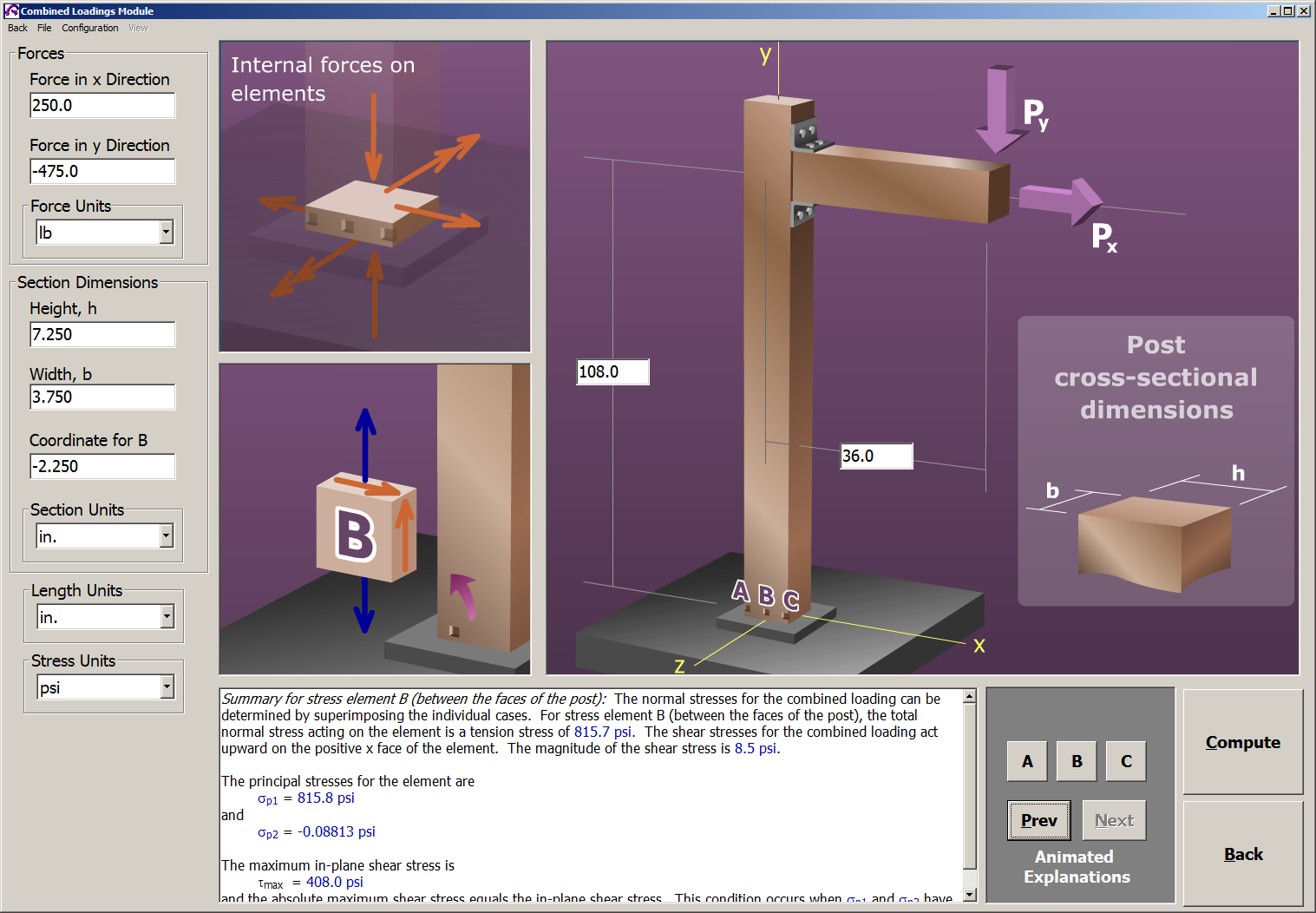 MDSolids Combined Loadings Module Post and Beam