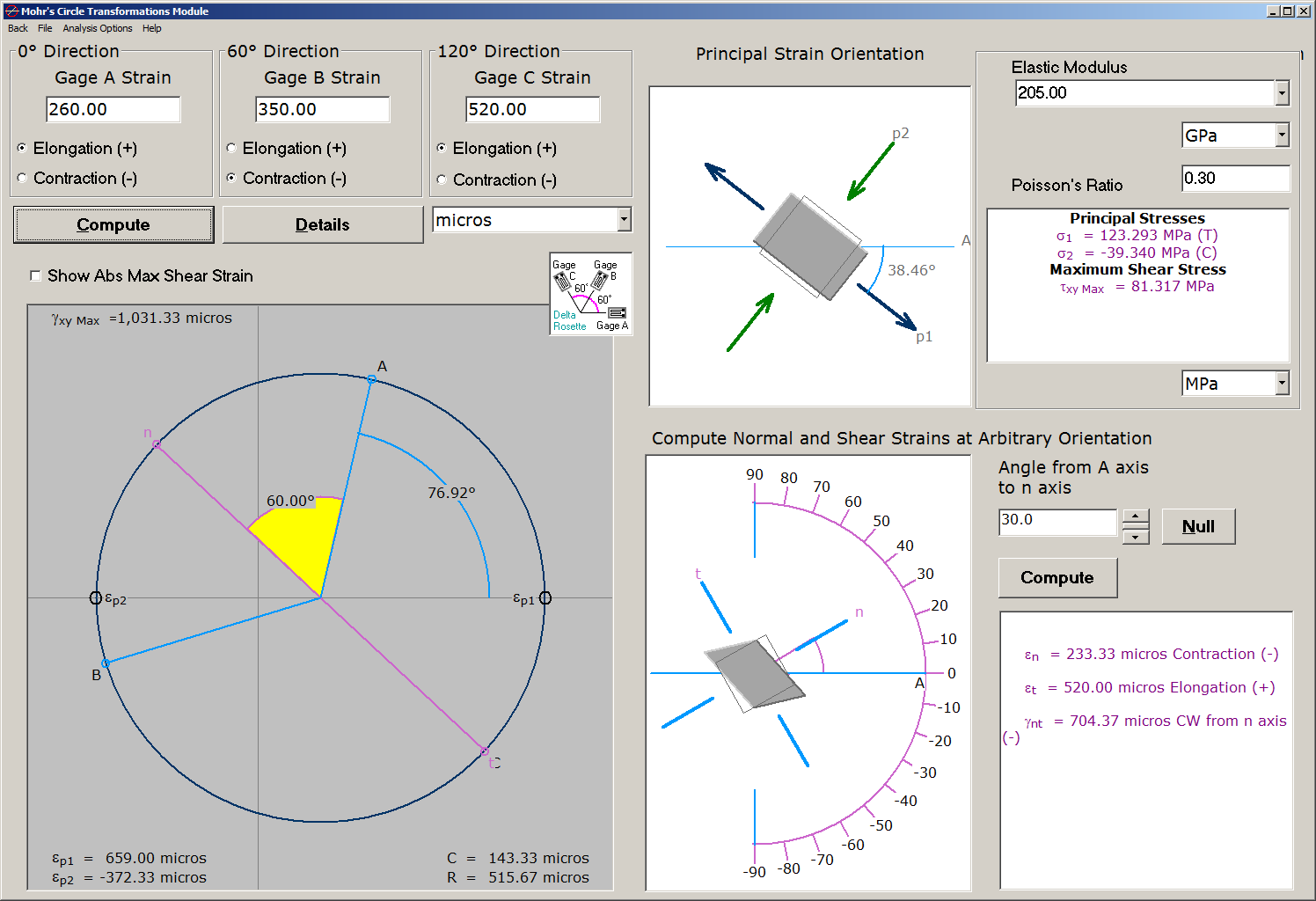 MDSolids: Mohr's circle strain rosette routine