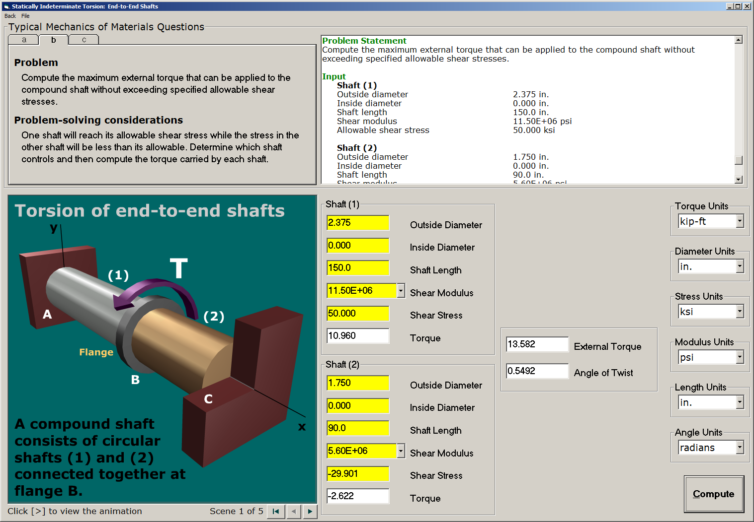 MDSolids: torsion module showing indeterminate torsion analysis